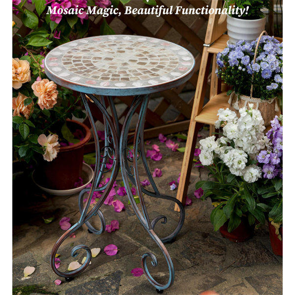 Fleur De Lis Living Mosaic Patio Table And Plant Stand, Outdoor Side Table For Patio With 14 ...